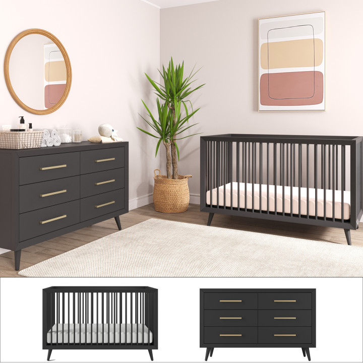 Child Craft Cranbrook Crib and Dresser Nursery Set 2 Piece Includes 4 in 1 Convertible Crib and 6 Drawer Double Dresser Ebony